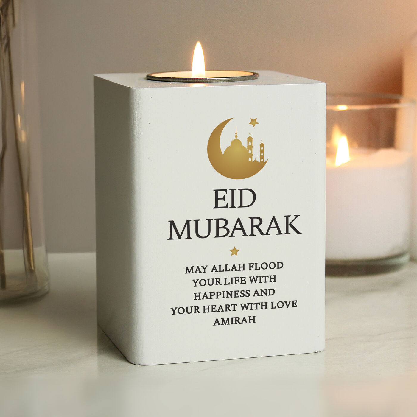 Buy Personalised Eid & Ramadan White Wooden Tea Light Holder for GBP 14 ...