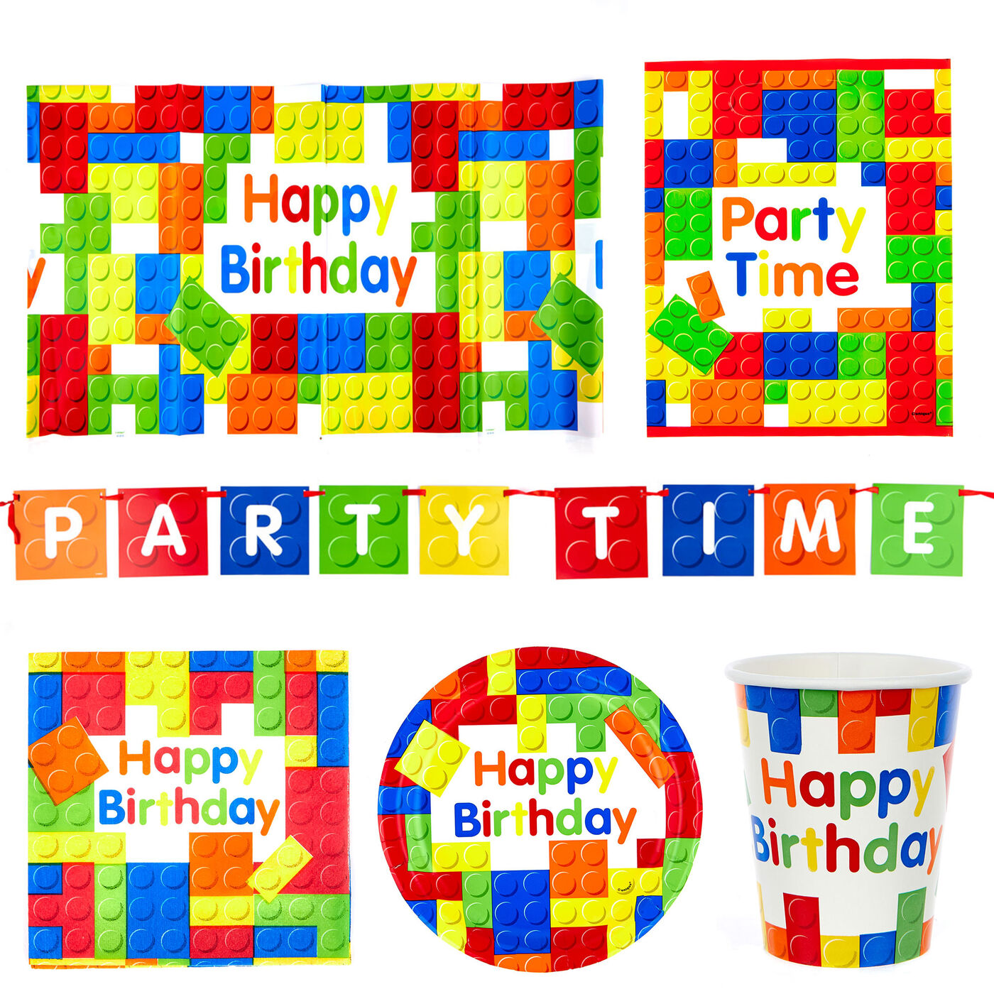 Buy Birthday Building Blocks Party Tableware & Decoration Bundle - 16 ...