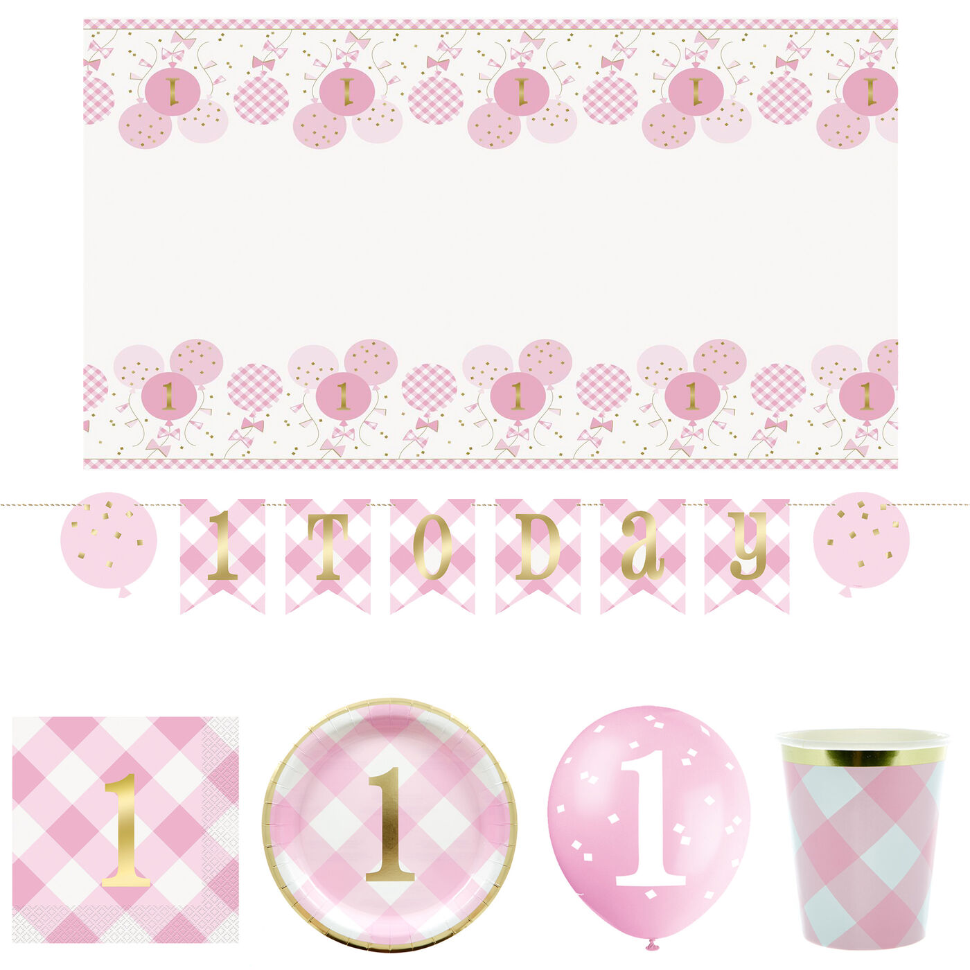 Buy Pink Gingham 1st Birthday Party Tableware & Decorations Bundle - 16 ...