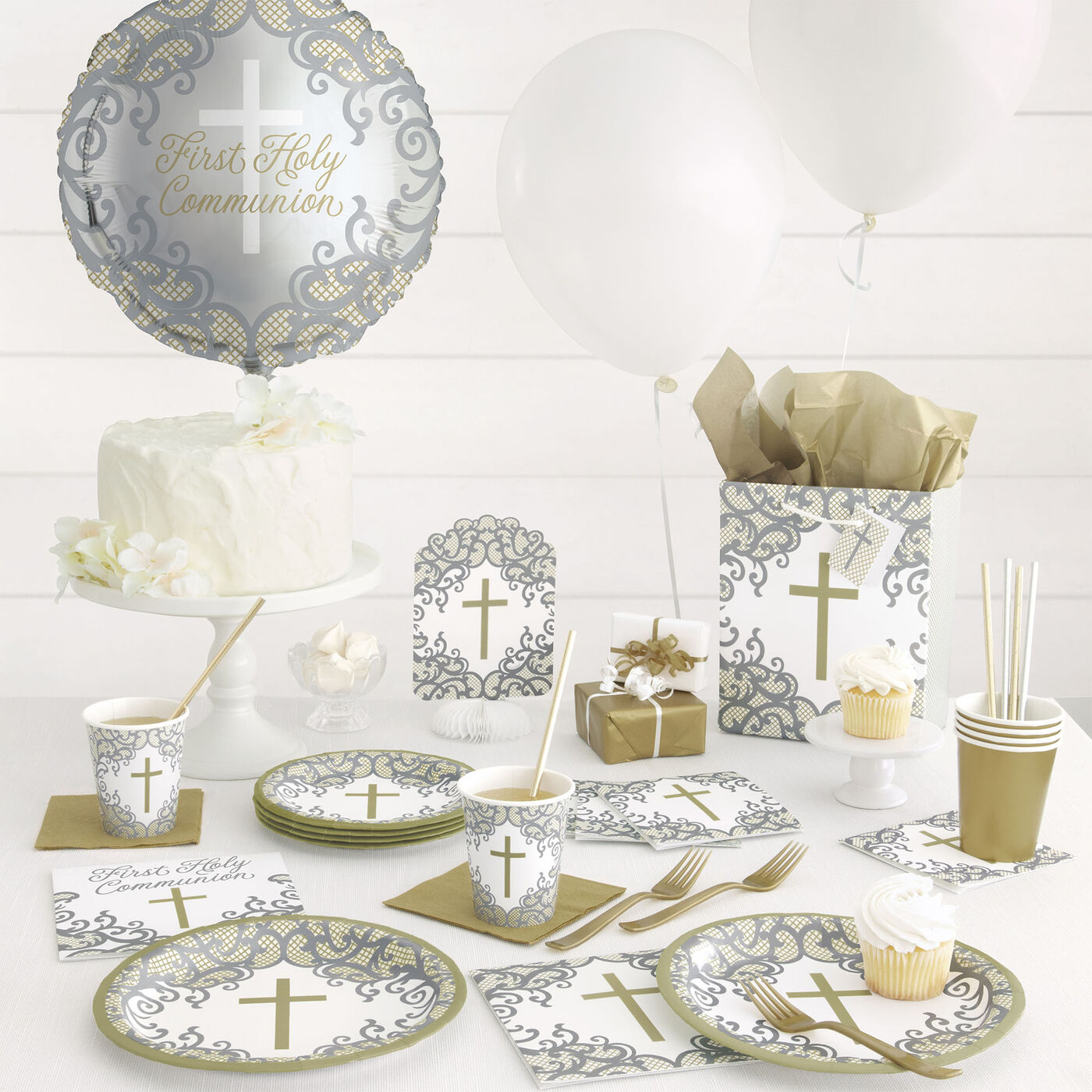 Buy Gold & Silver Confirmation Tableware & Decorations - 16 Guests for ...