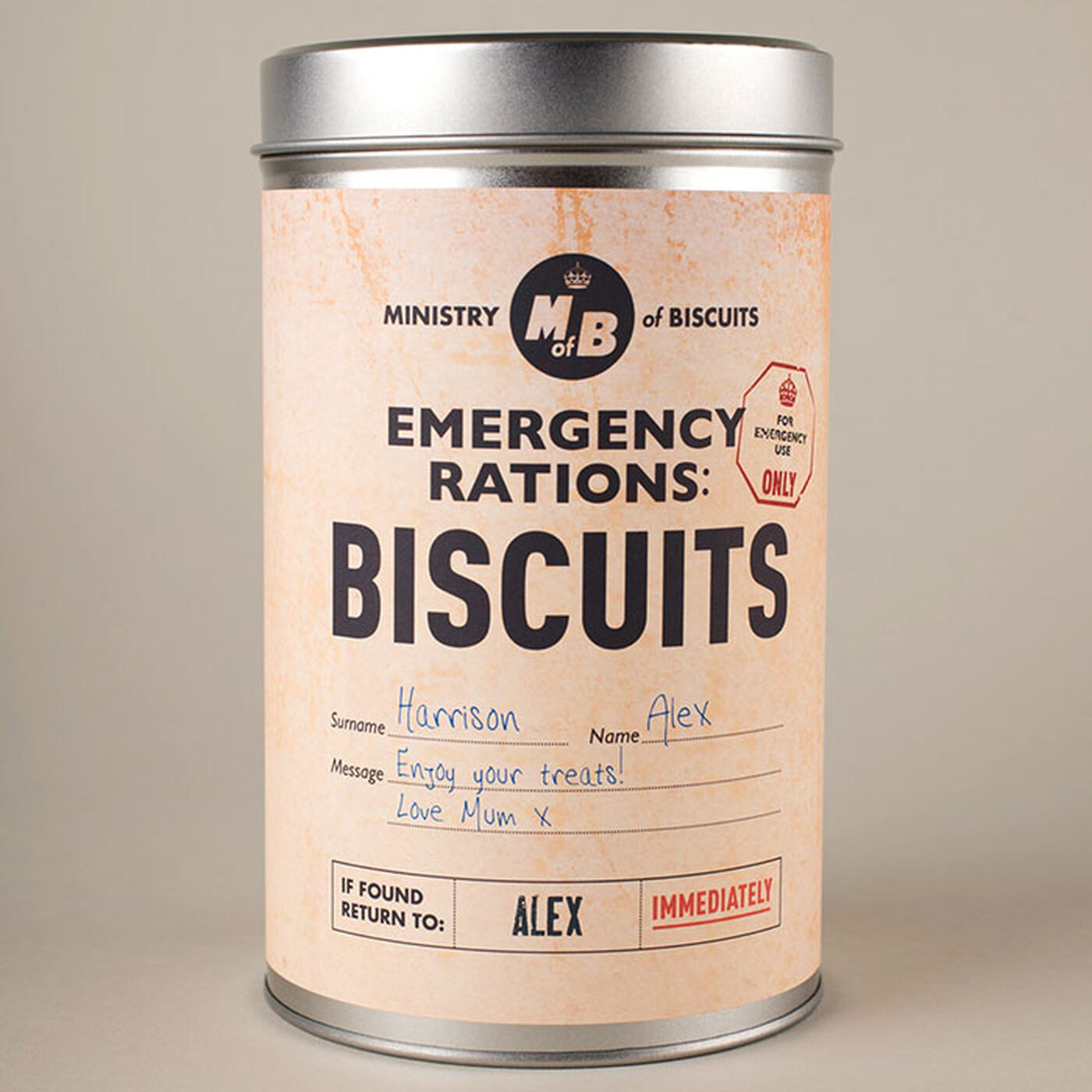 Personalised Tin With Biscuits - Emergency Rations Biscuits ...