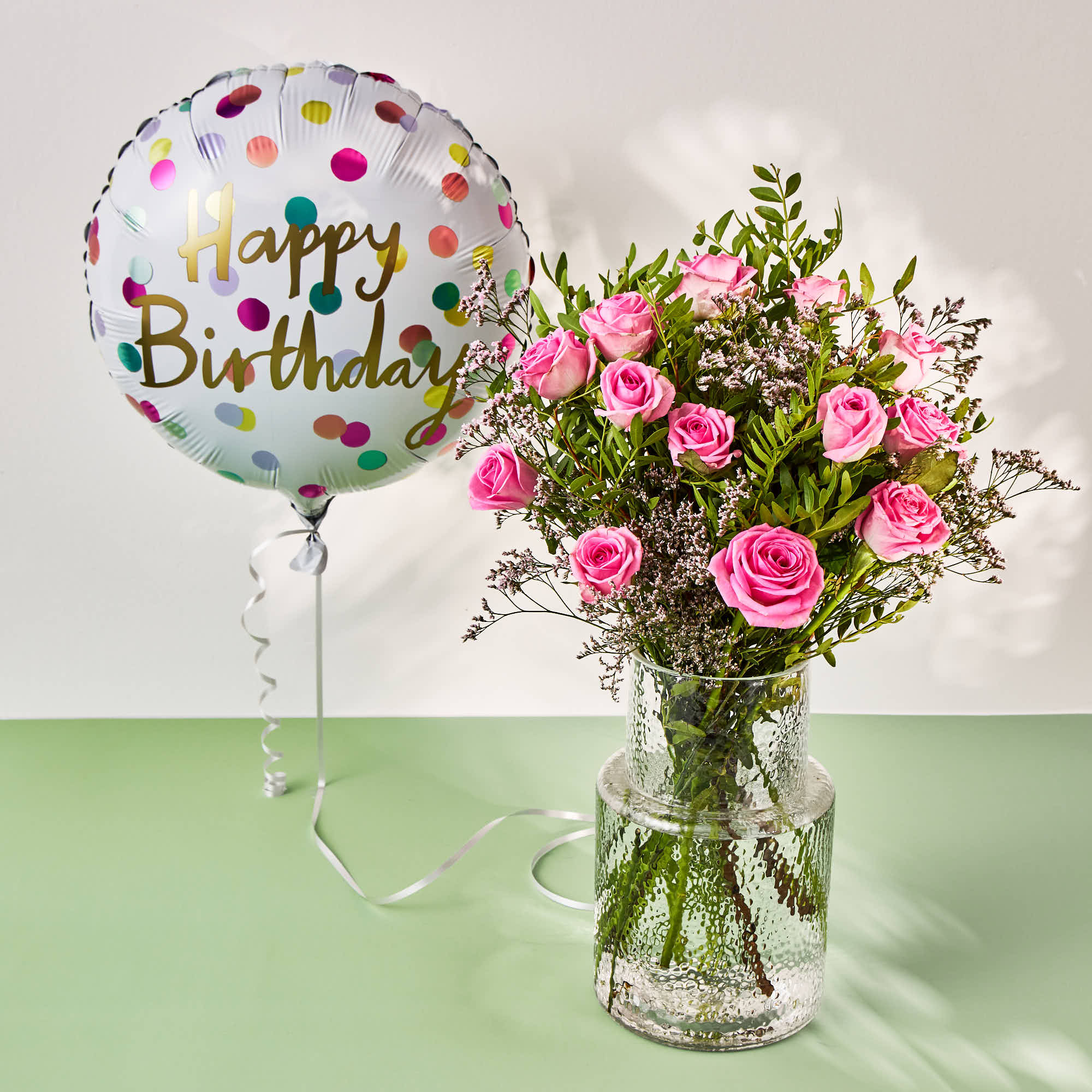 Buy Happy Birthday Balloon & Dozen Pink Roses Flower Bouquet for GBP 44 ...