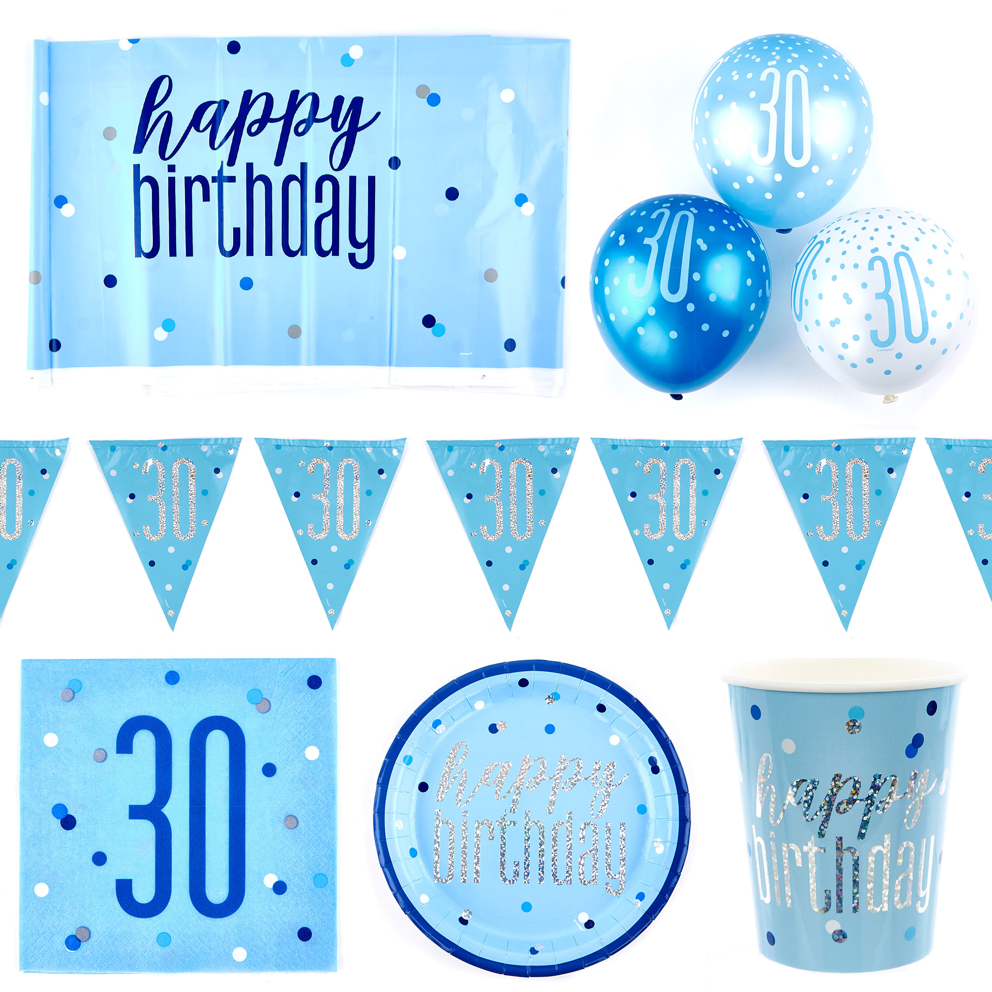Buy Blue 30th Birthday Party Tableware & Decorations Bundle - 16 Guests ...