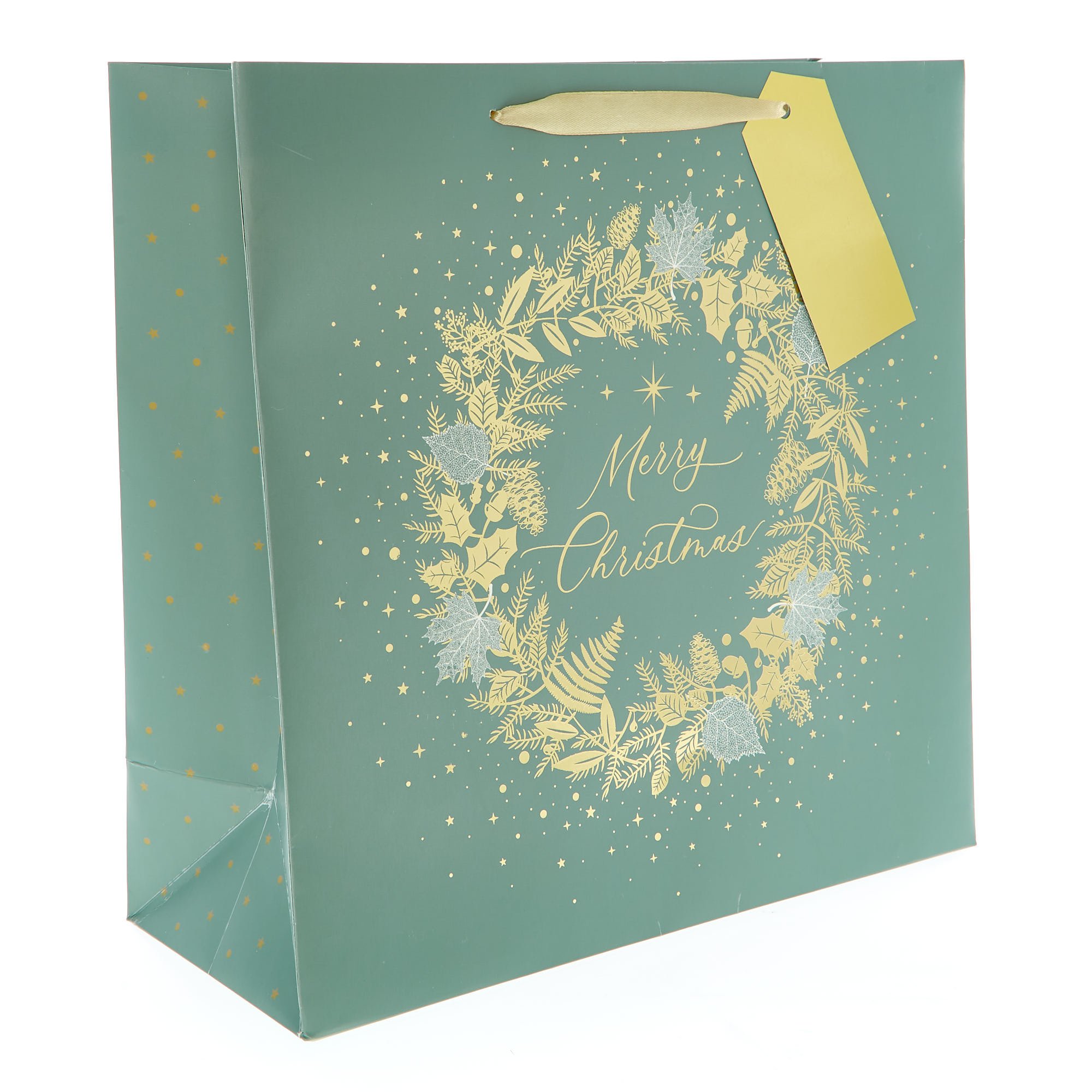 Buy Large Square Green & Gold Wreath Christmas Gift Bag for GBP 0.40 ...